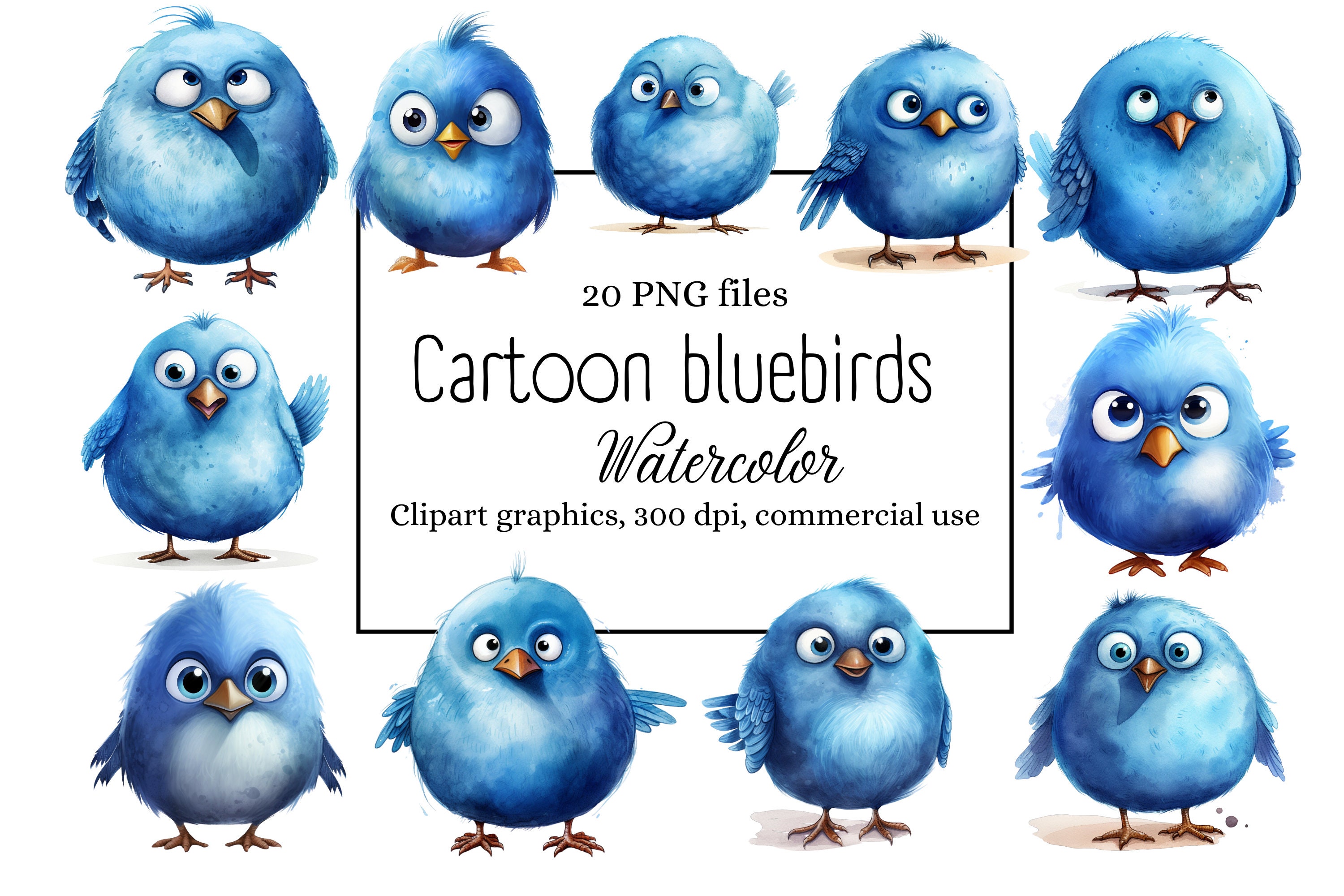 Watercolor Blue Bird Clipart, Cartoon Animal Design, Pixar Graphic Clip ...