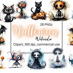 Watercolor Halloween Clipart, Cute Scary Creature Clip Art, Cartoon ...
