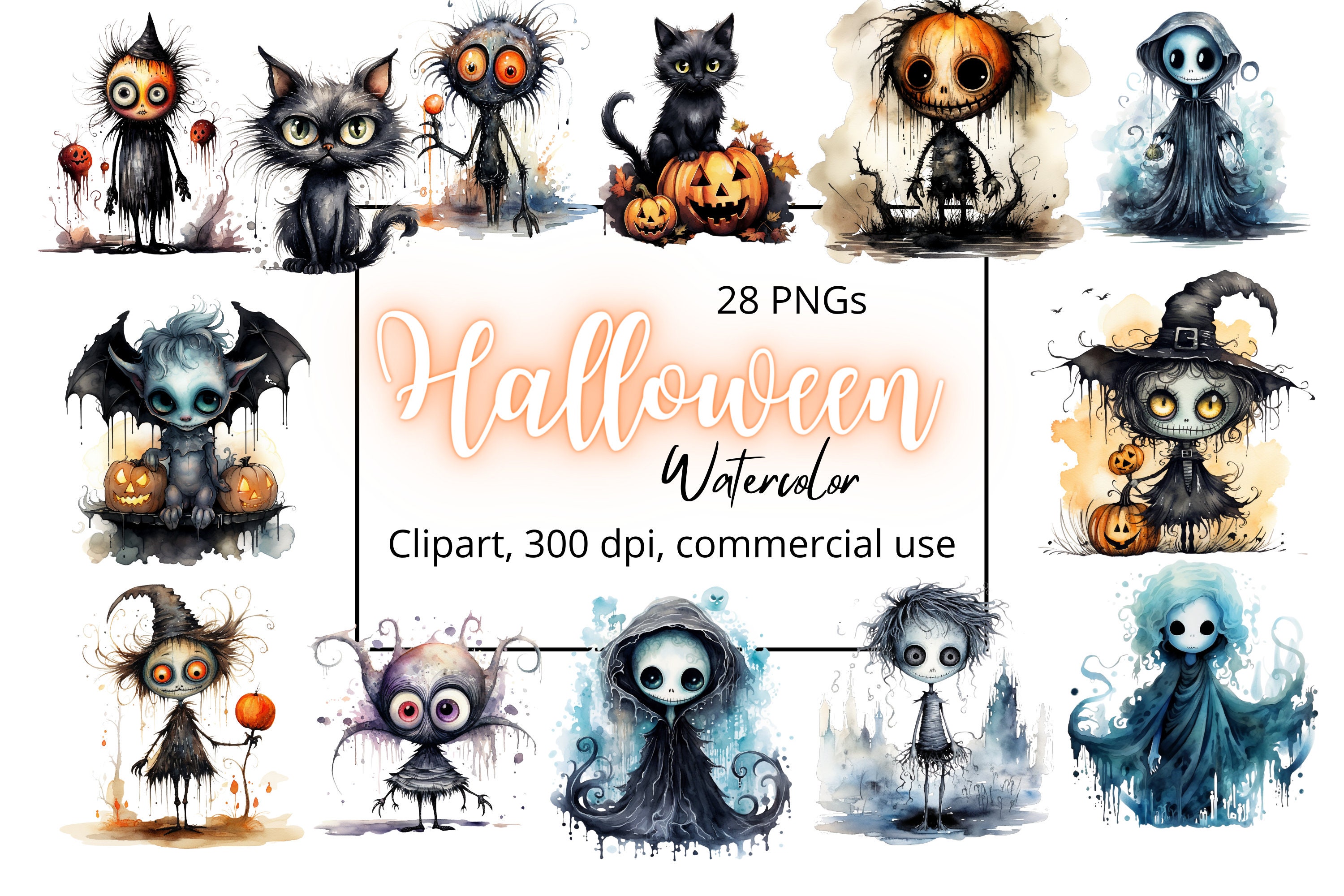 Watercolor Halloween Clipart, Cute Scary Creature Clip Art, Cartoon ...