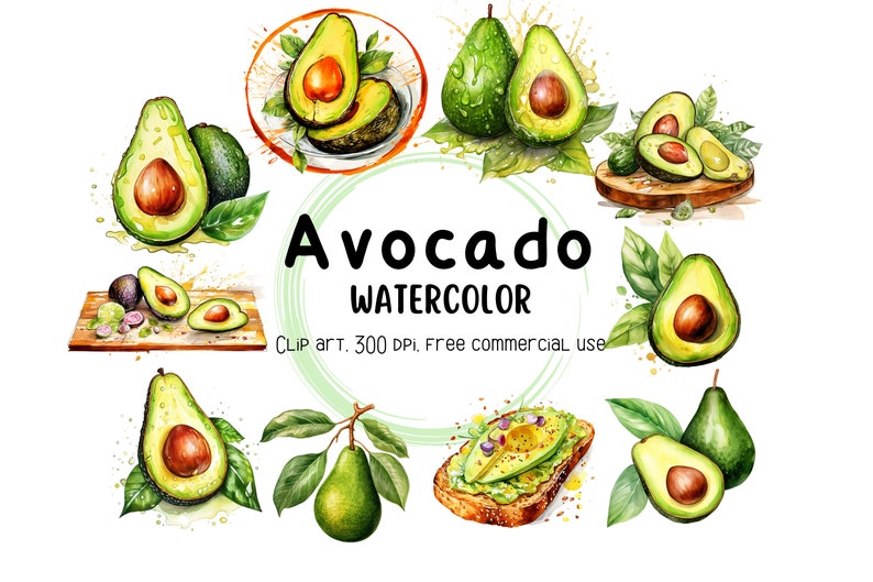 Avocado Watercolor Clip Art, Jucy Avocados Clipart, Guacamole Graphics ...