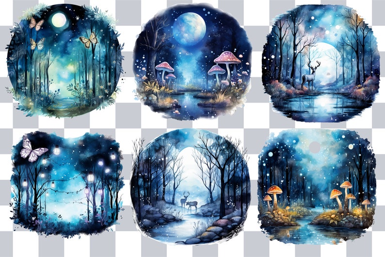 Watercolor Moonlit Forest Clip Art, Moon Light Trees Clipart, Night ...