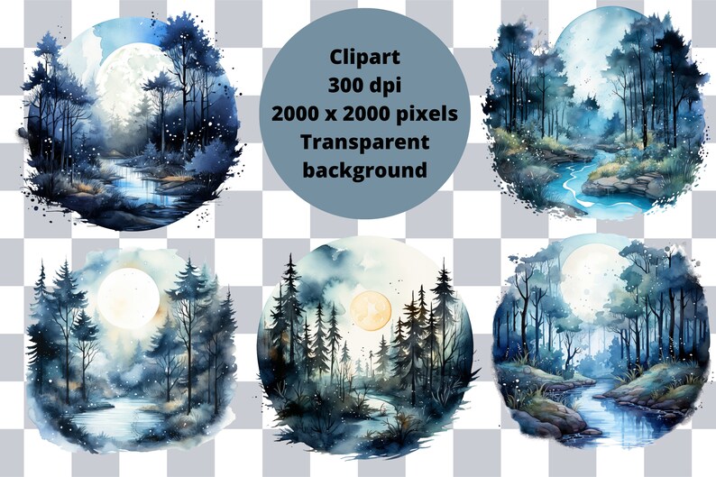 Watercolor Moonlit Forest Clip Art, Moon Light Trees Clipart, Night ...