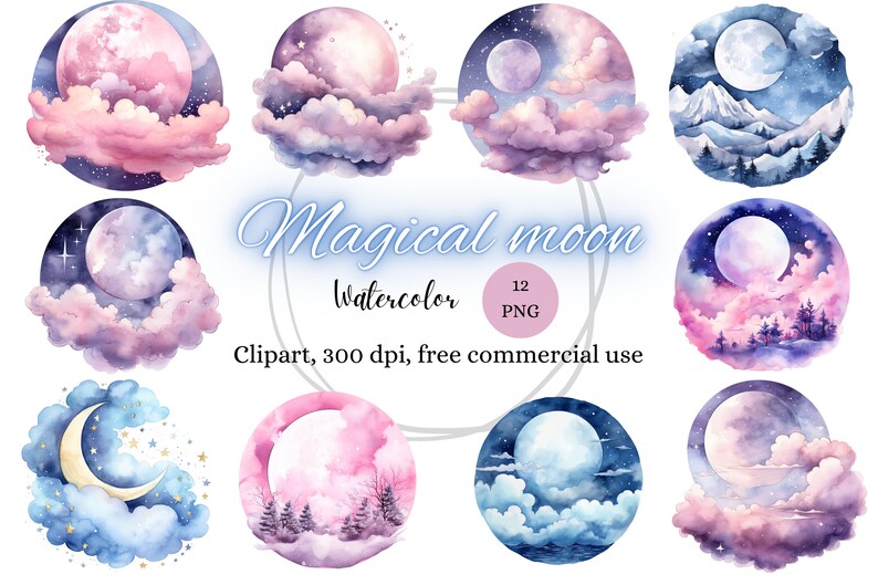 Watercolor Moon Clip Art, Magical Moons Clipart, Night Sky Cloud ...