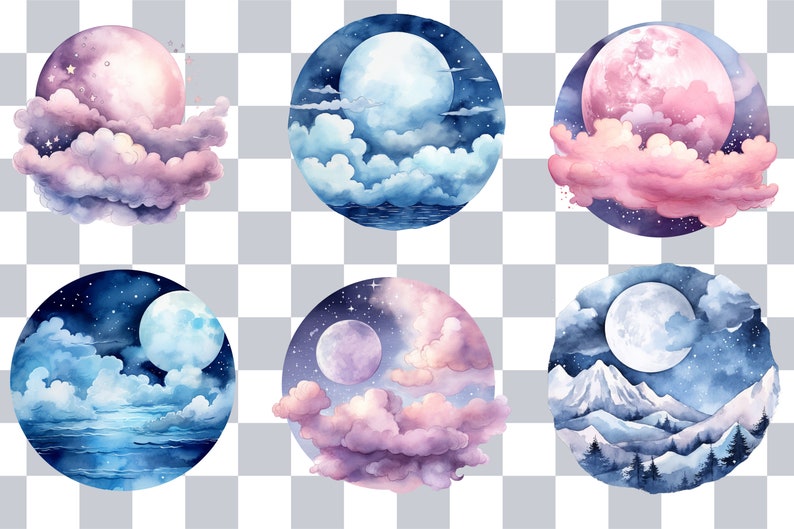 Watercolor Moon Clip Art, Magical Moons Clipart, Night Sky Cloud ...