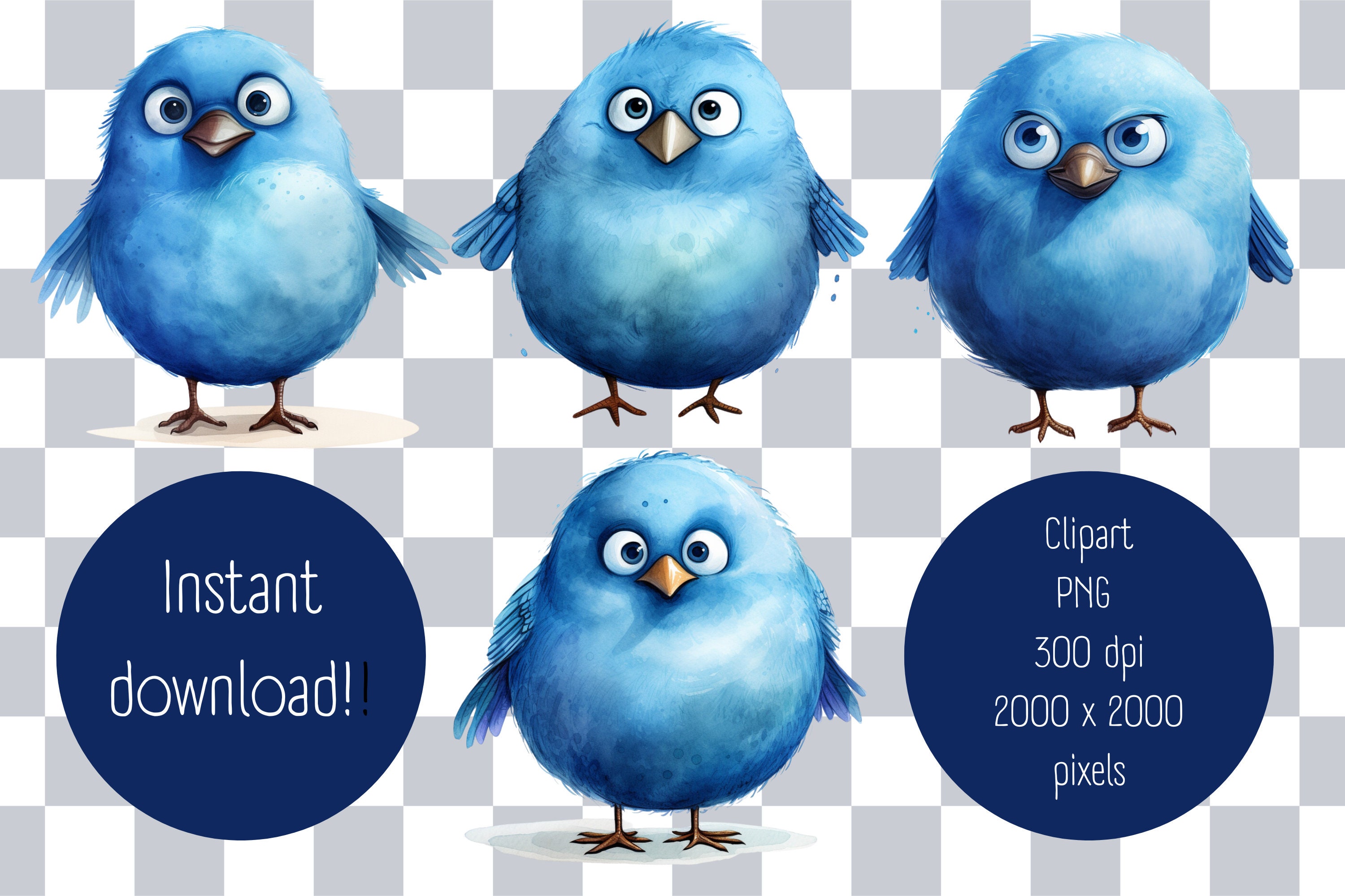 Watercolor Blue Bird Clipart, Cartoon Animal Design, Pixar Graphic Clip ...