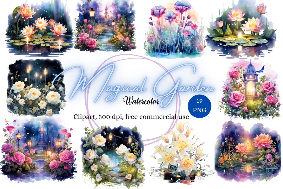 Watercolor Magical Garden Clip Art, Mystical Flowers Clipart, Glowing ...