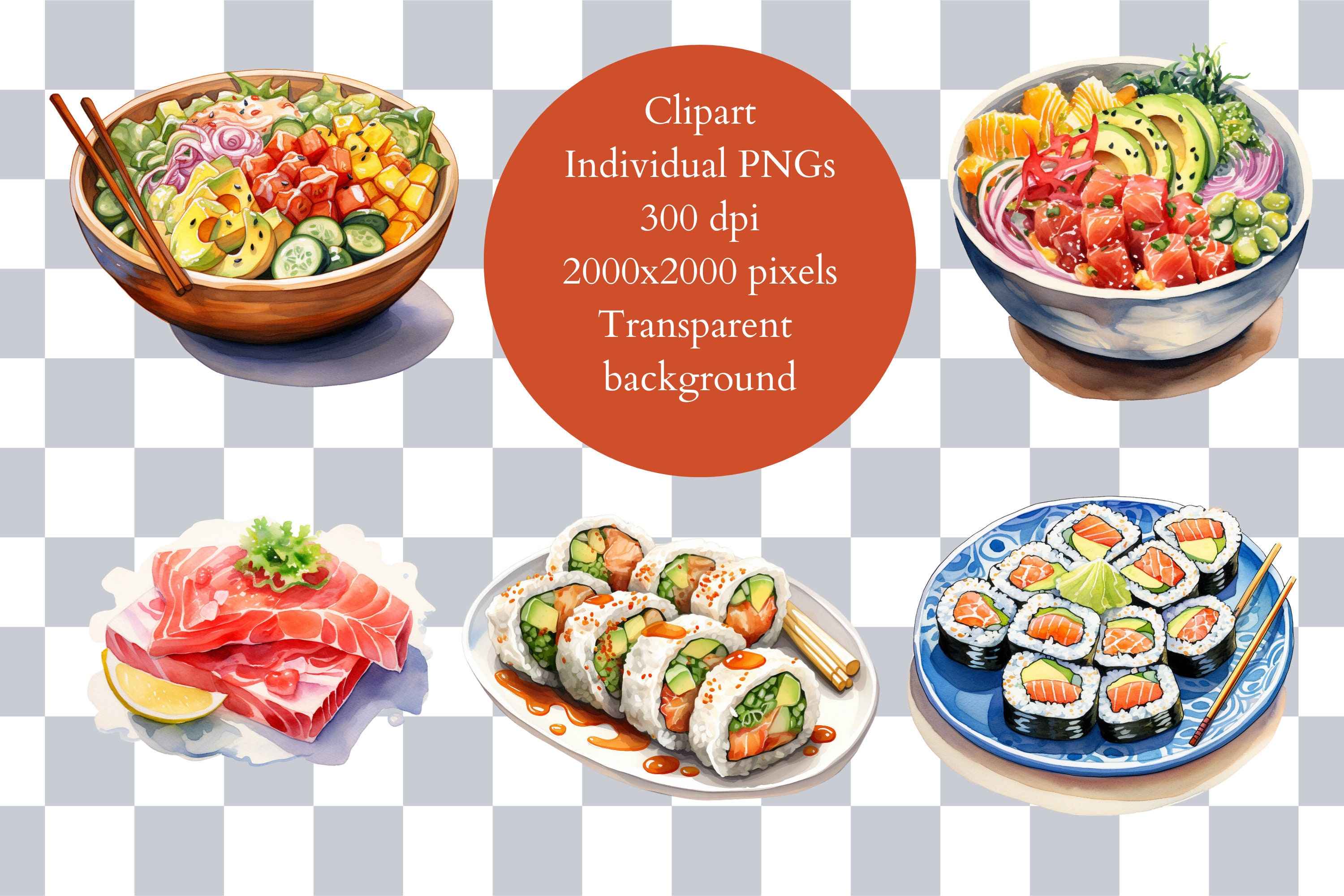 Watercolor Sushi Clip Art, Japanese Food Graphics, Raw Salmon Clipart ...