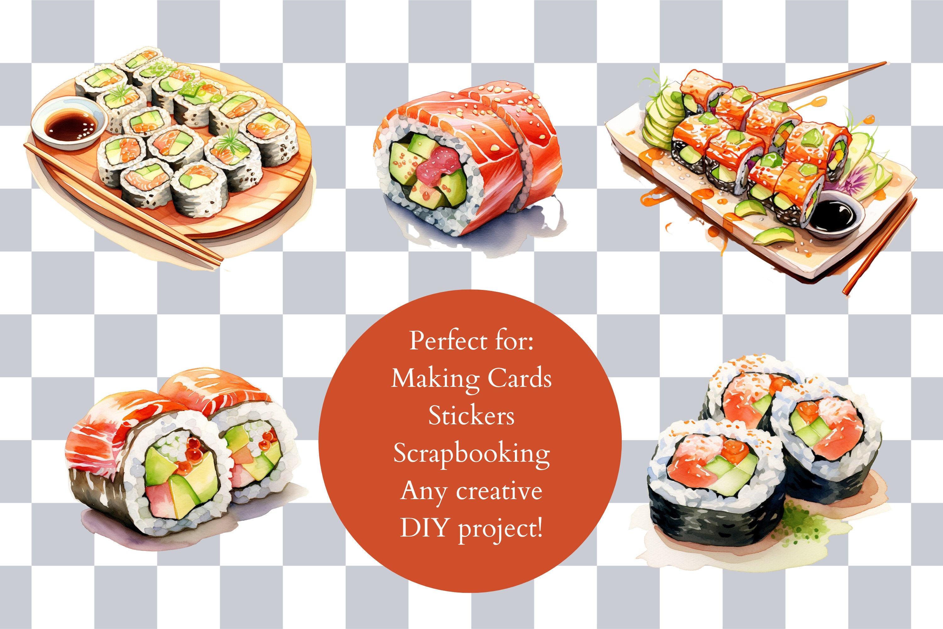 Watercolor Sushi Clip Art, Japanese Food Graphics, Raw Salmon Clipart ...