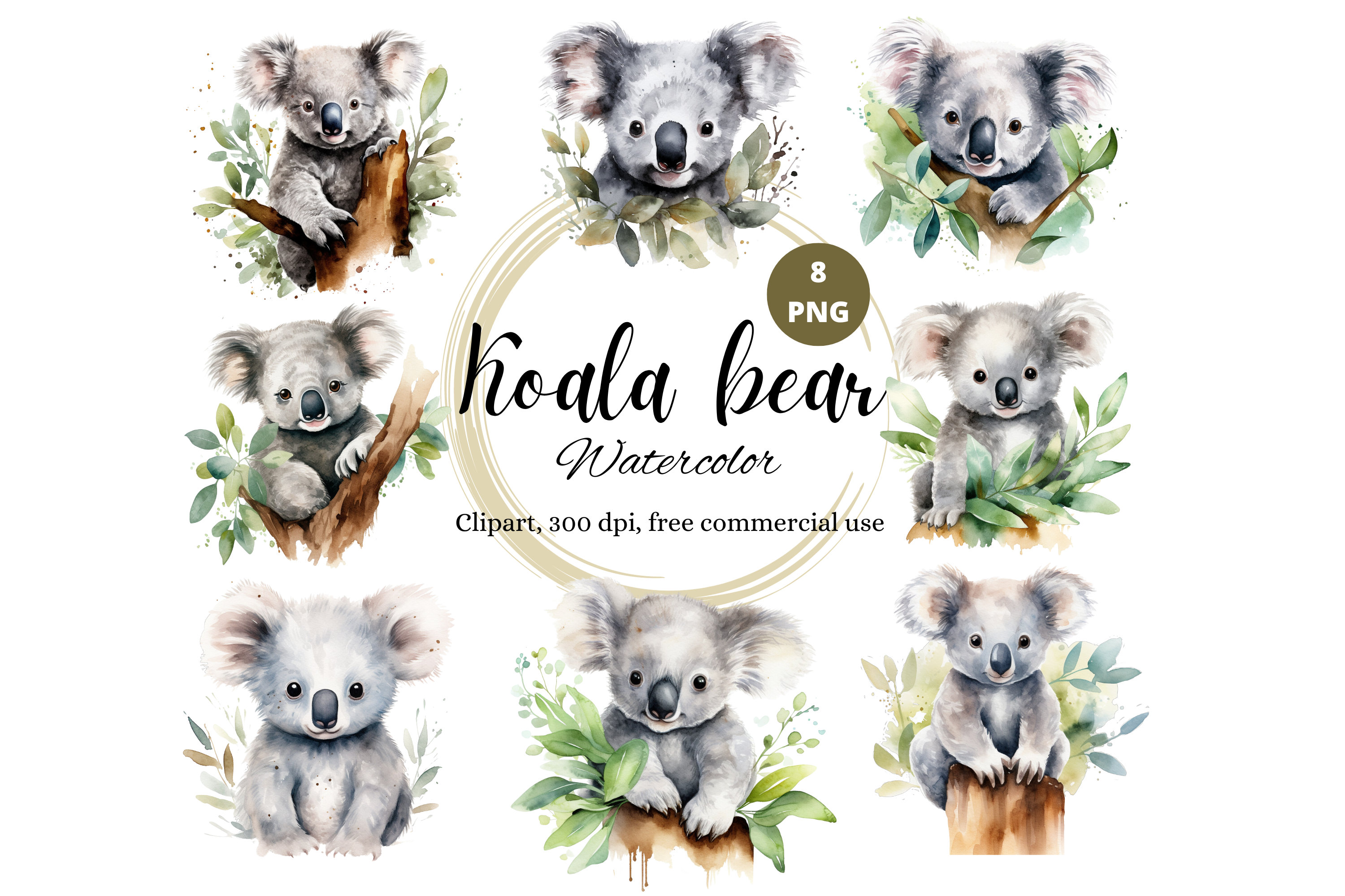 Watercolor Koala Bear Clip Art, Cute Animals Clipart, Baby Bears ...
