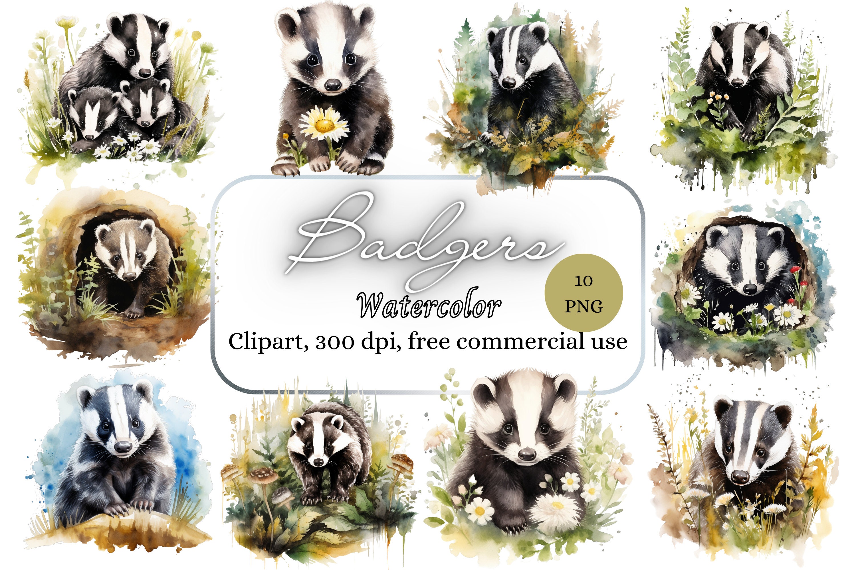 Watercolor Badger Clip Art, Cute Badgers Clipart Graphics, Forest ...