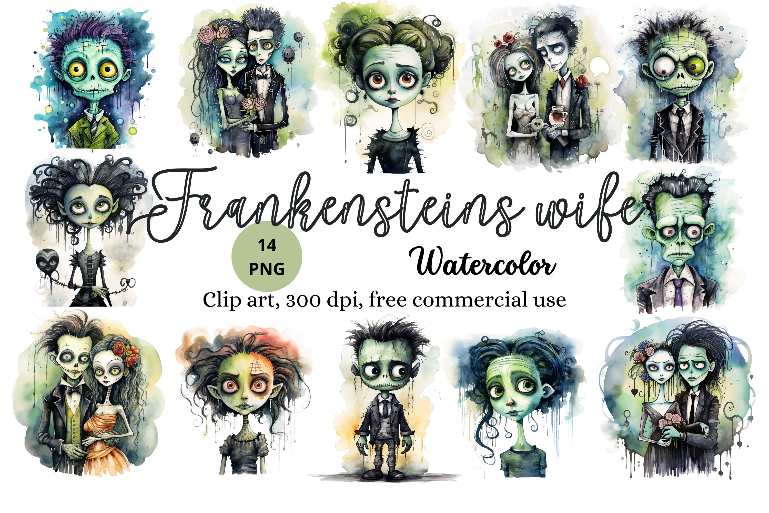 Watercolor Frankenstein Clip Art, Frankensteins Wife Clipart, Spooky ...