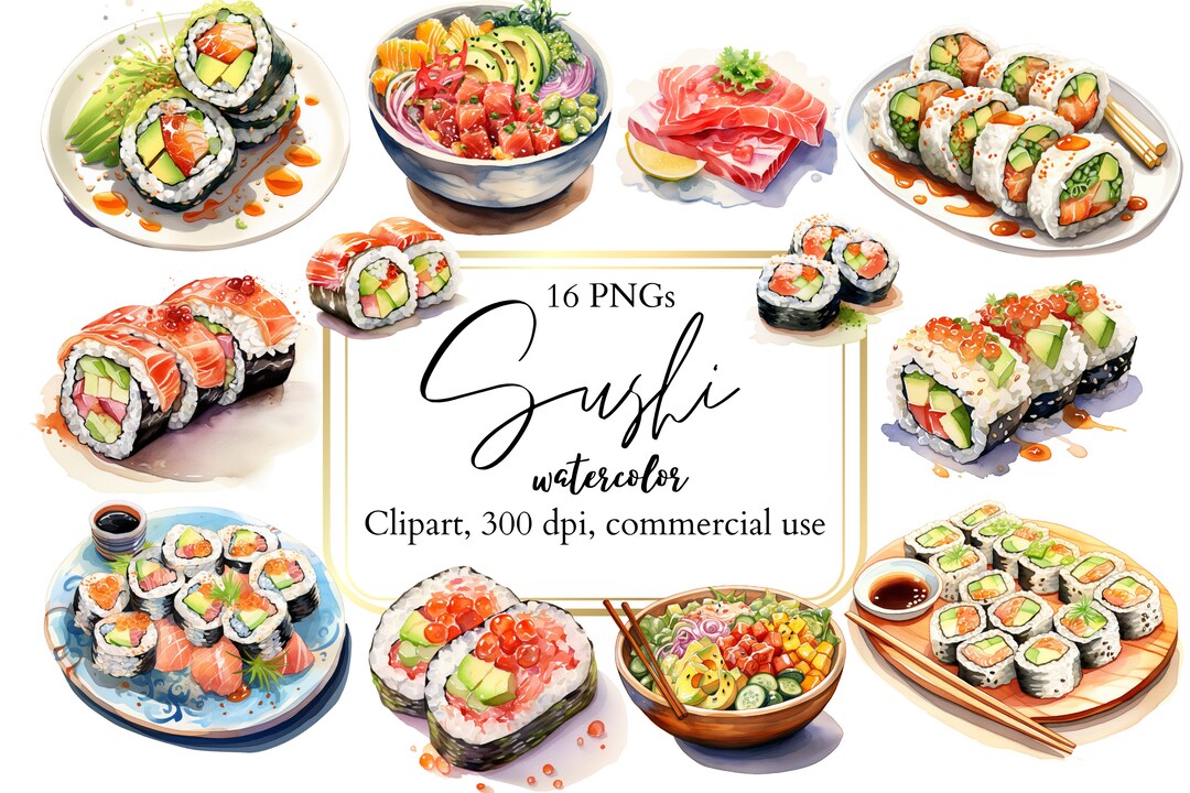 Watercolor Sushi Clip Art, Japanese Food Graphics, Raw Salmon Clipart ...