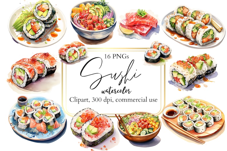 Watercolor Sushi Clip Art, Japanese Food Graphics, Raw Salmon Clipart ...