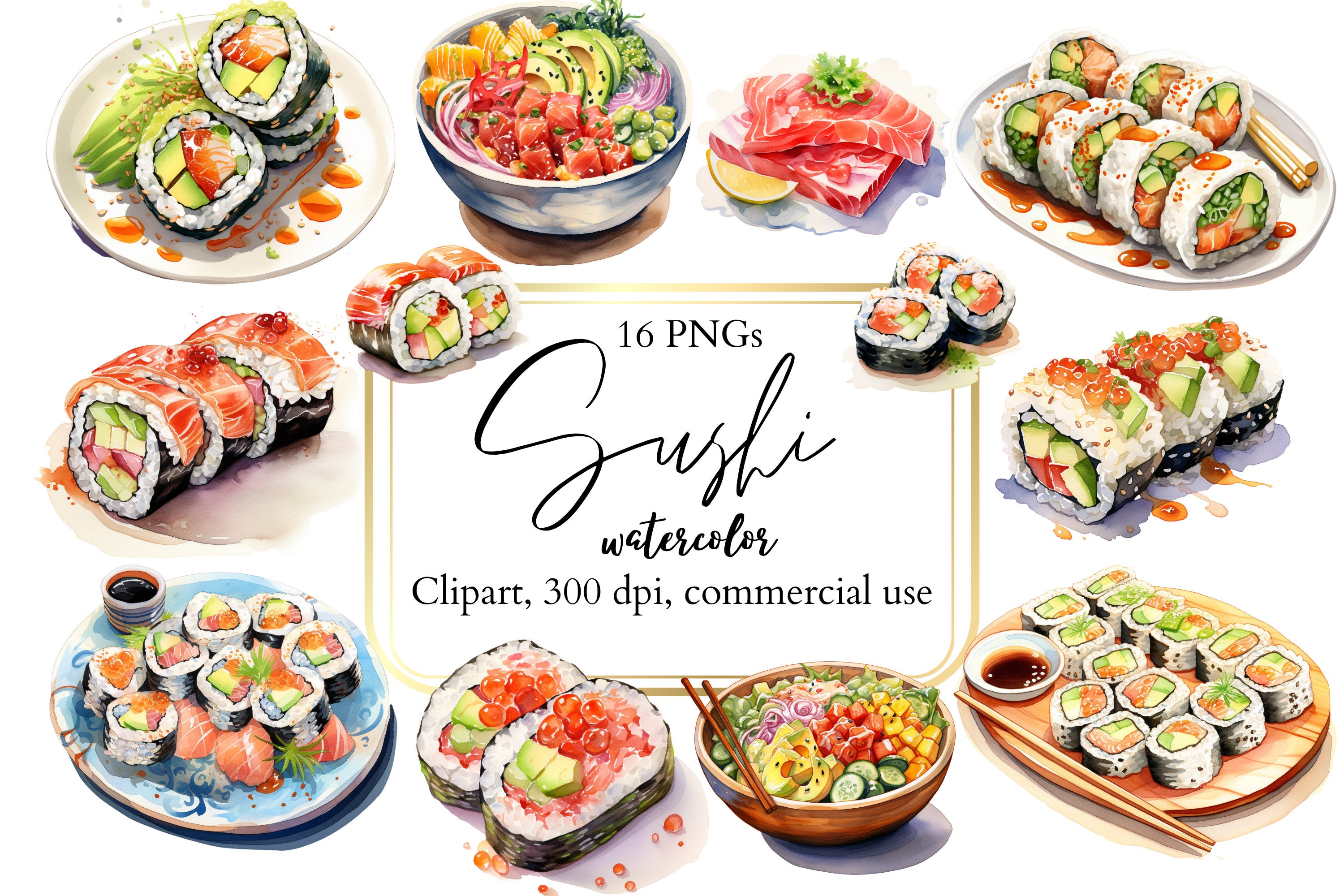 Watercolor Sushi Clip Art, Japanese Food Graphics, Raw Salmon Clipart ...