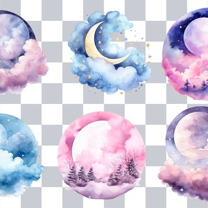 Watercolor Moon Clip Art, Magical Moons Clipart, Night Sky Cloud ...