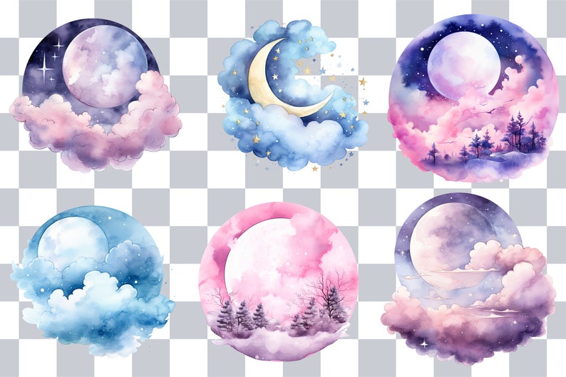 Watercolor Moon Clip Art, Magical Moons Clipart, Night Sky Cloud ...