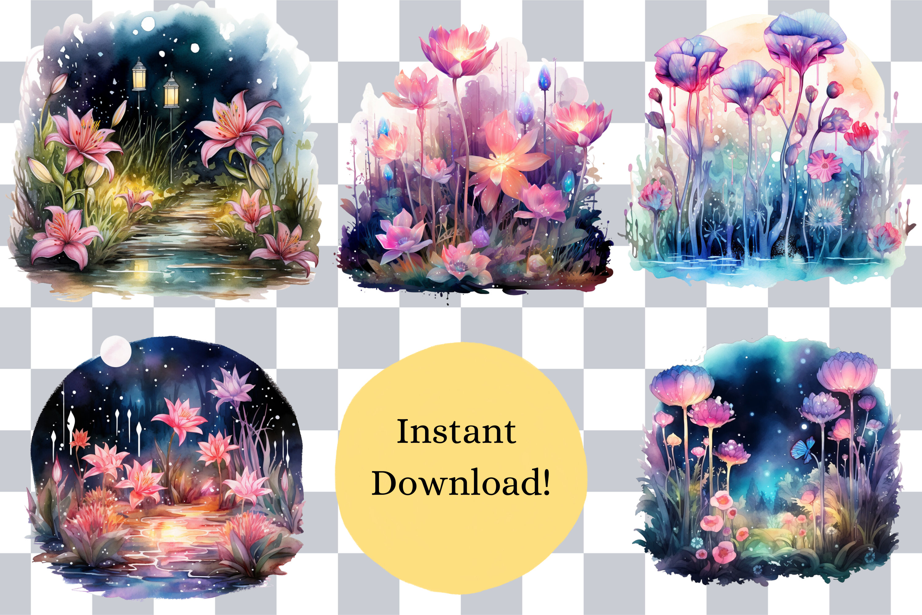 Watercolor Magical Garden Clip Art, Mystical Flowers Clipart, Glowing ...