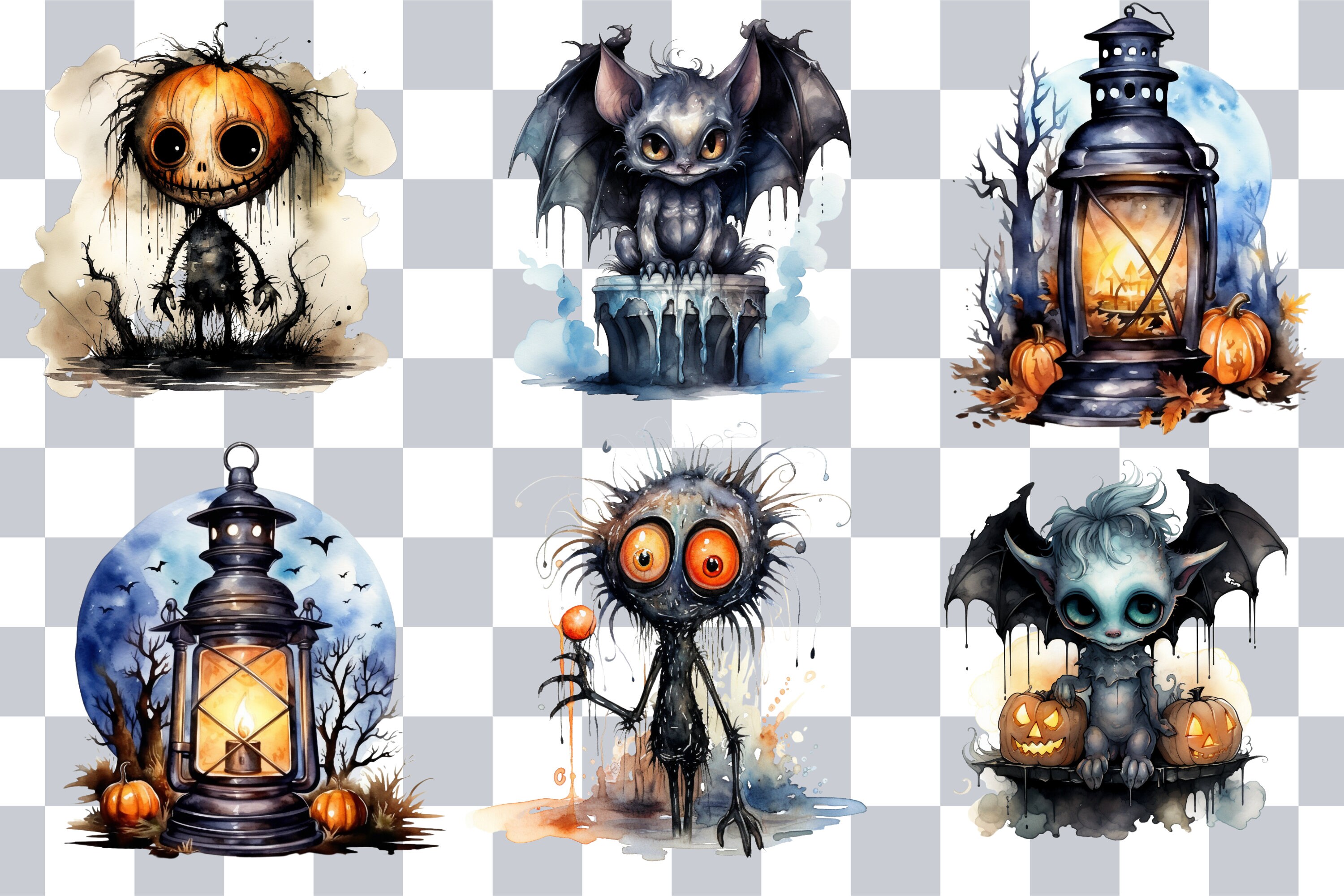 Watercolor Halloween Clipart, Cute Scary Creature Clip Art, Cartoon ...