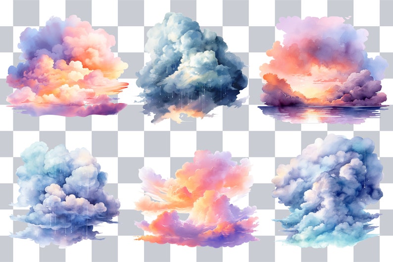 Watercolor Cloud Clip Art, Painted Clouds Clipart Graphics, Sunset Sky ...