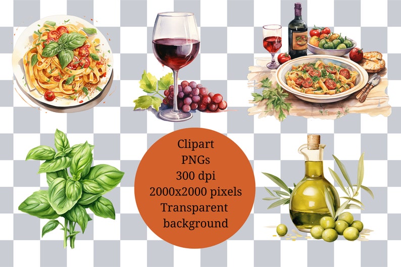 Watercolor Italian Food Clip Art, Printable Pizza Graphics, Pasta ...