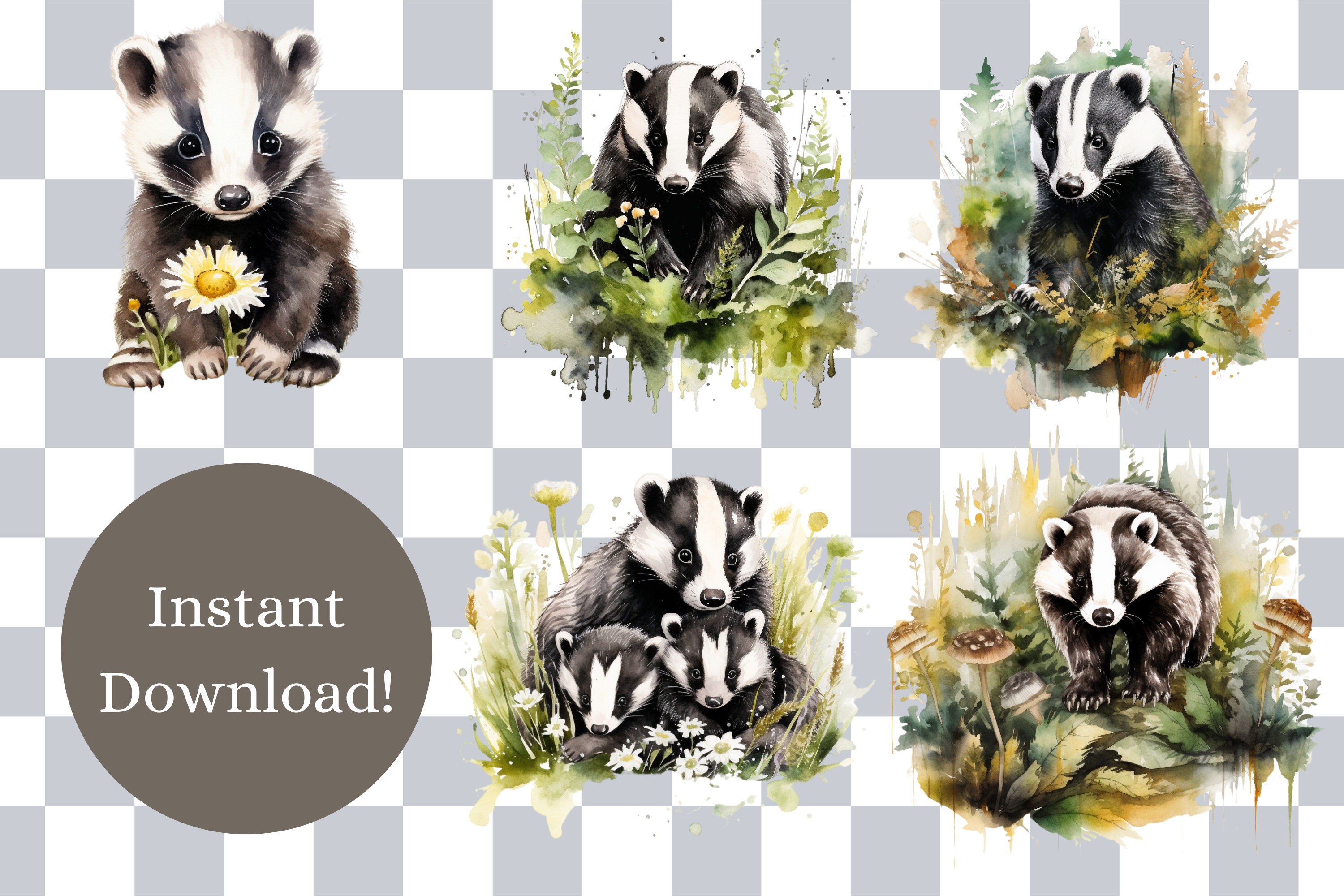 Watercolor Badger Clip Art, Cute Badgers Clipart Graphics, Forest ...