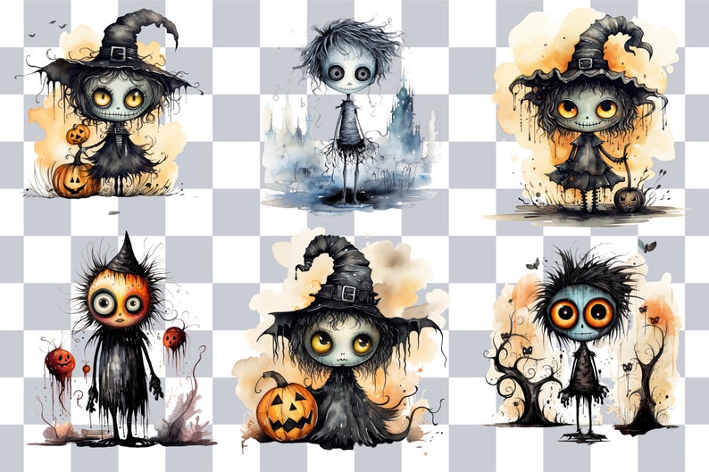 Watercolor Halloween Clipart, Cute Scary Creature Clip Art, Cartoon ...