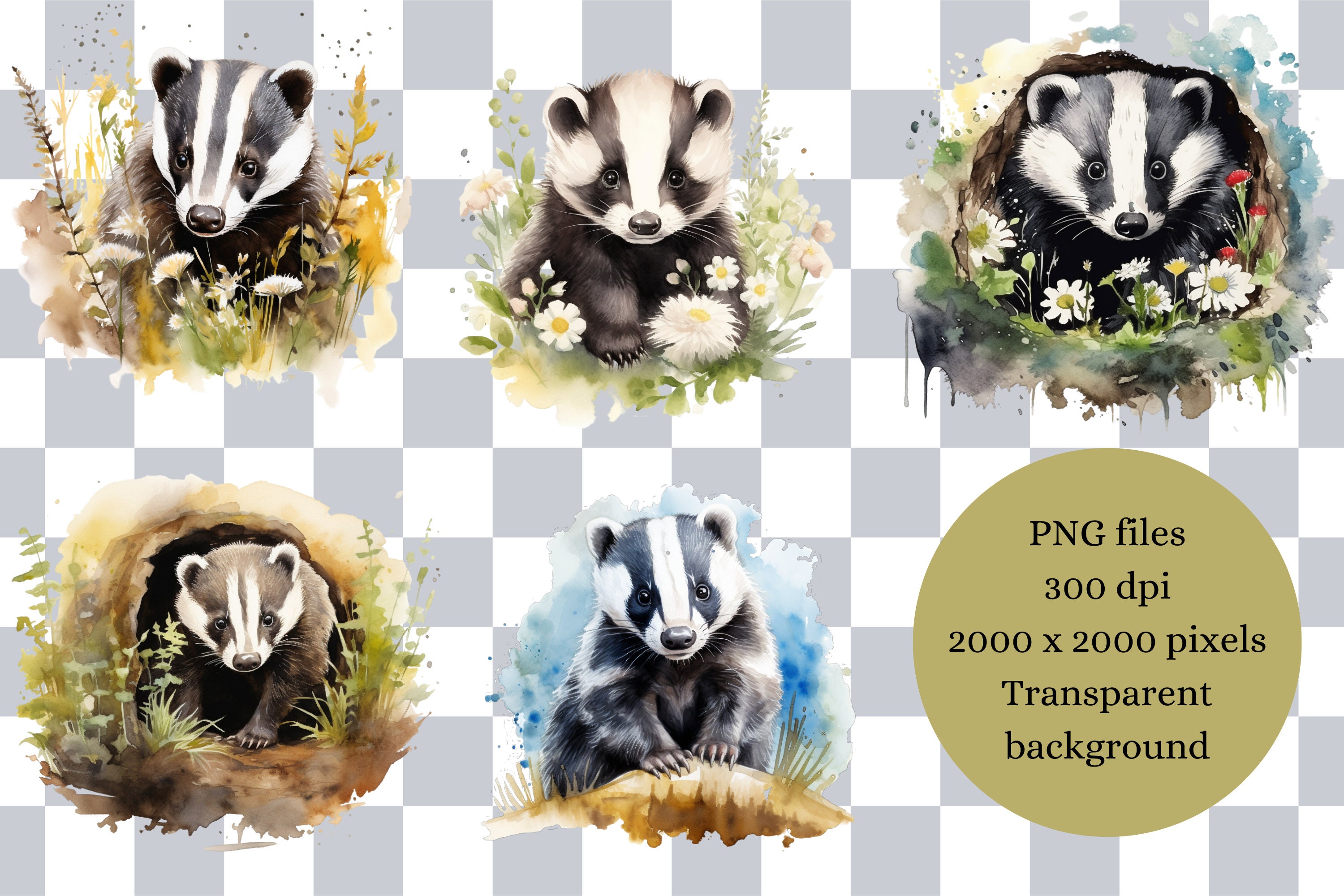 Watercolor Badger Clip Art, Cute Badgers Clipart Graphics, Forest ...