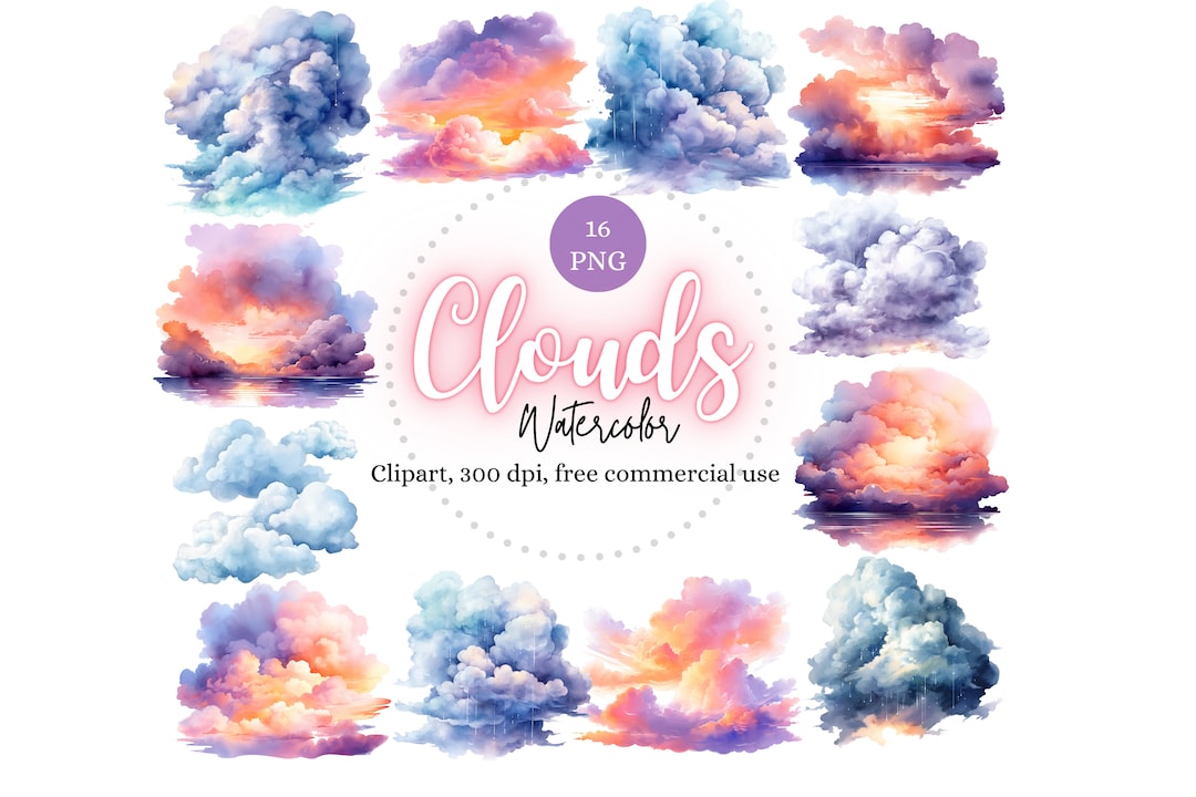 Watercolor Cloud Clip Art, Painted Clouds Clipart Graphics, Sunset Sky ...