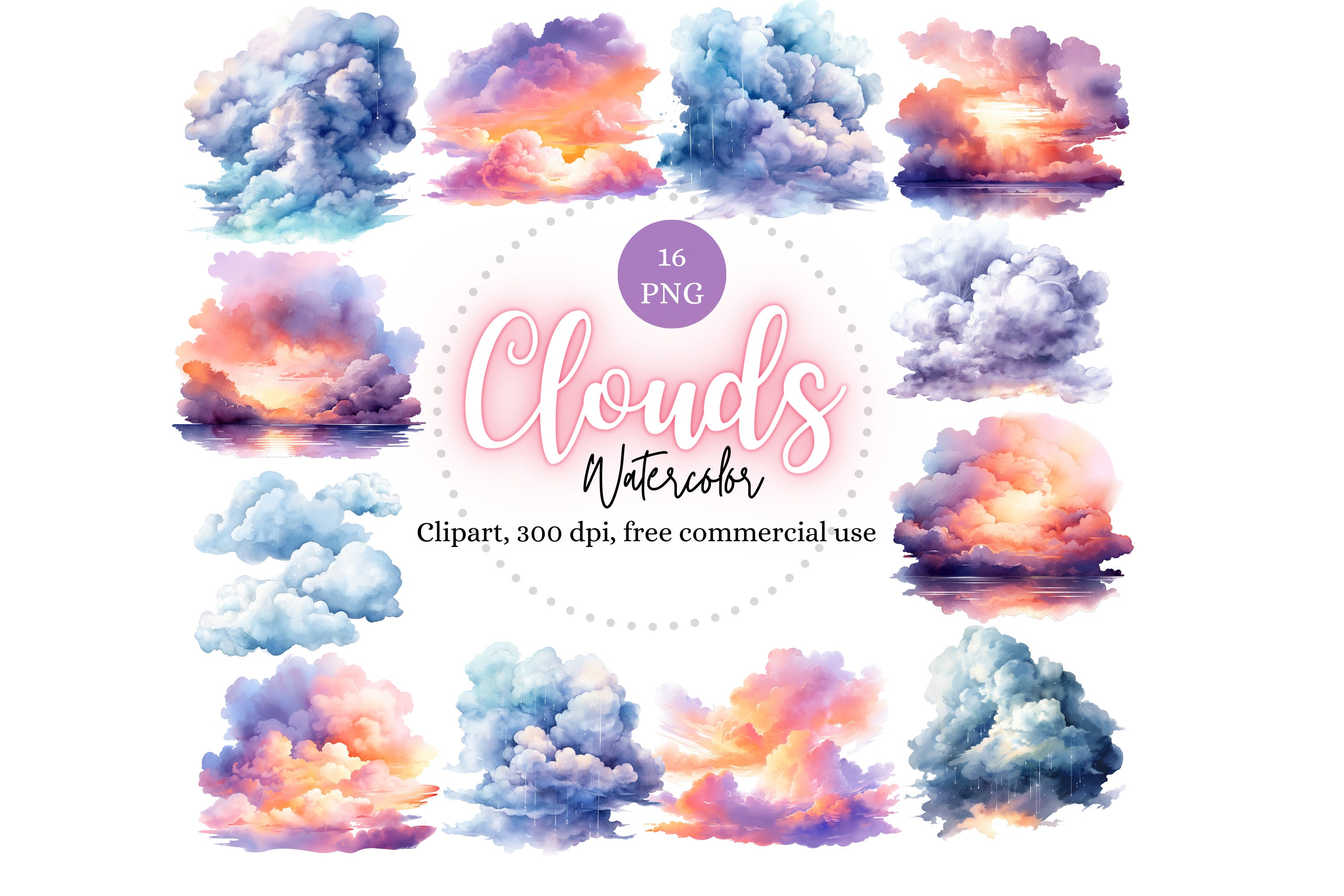 Watercolor Cloud Clip Art Painted Clouds Clipart Graphics - Etsy