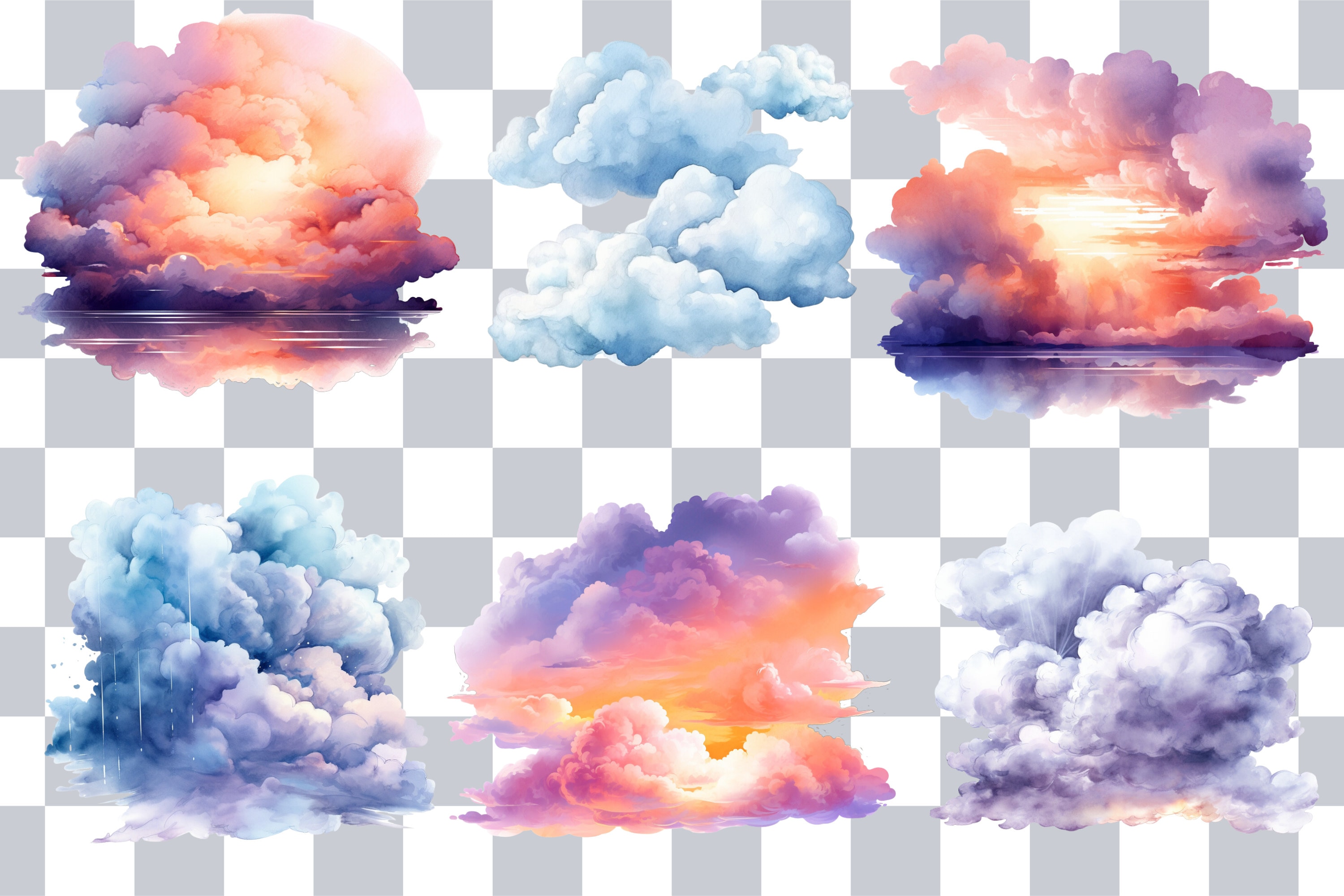 Watercolor Cloud Clip Art, Painted Clouds Clipart Graphics, Sunset Sky ...