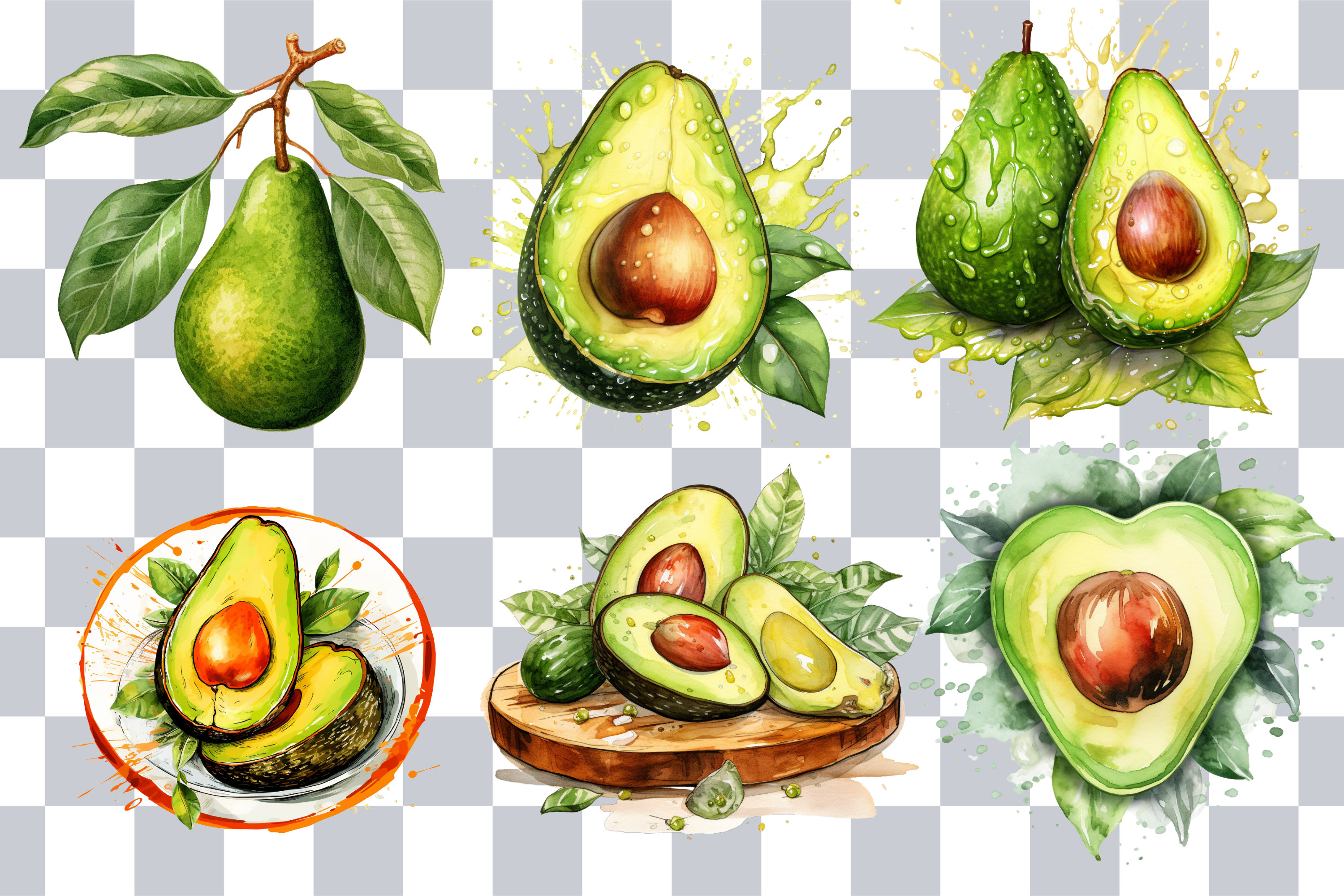 Avocado Watercolor Clip Art, Jucy Avocados Clipart, Guacamole Graphics ...