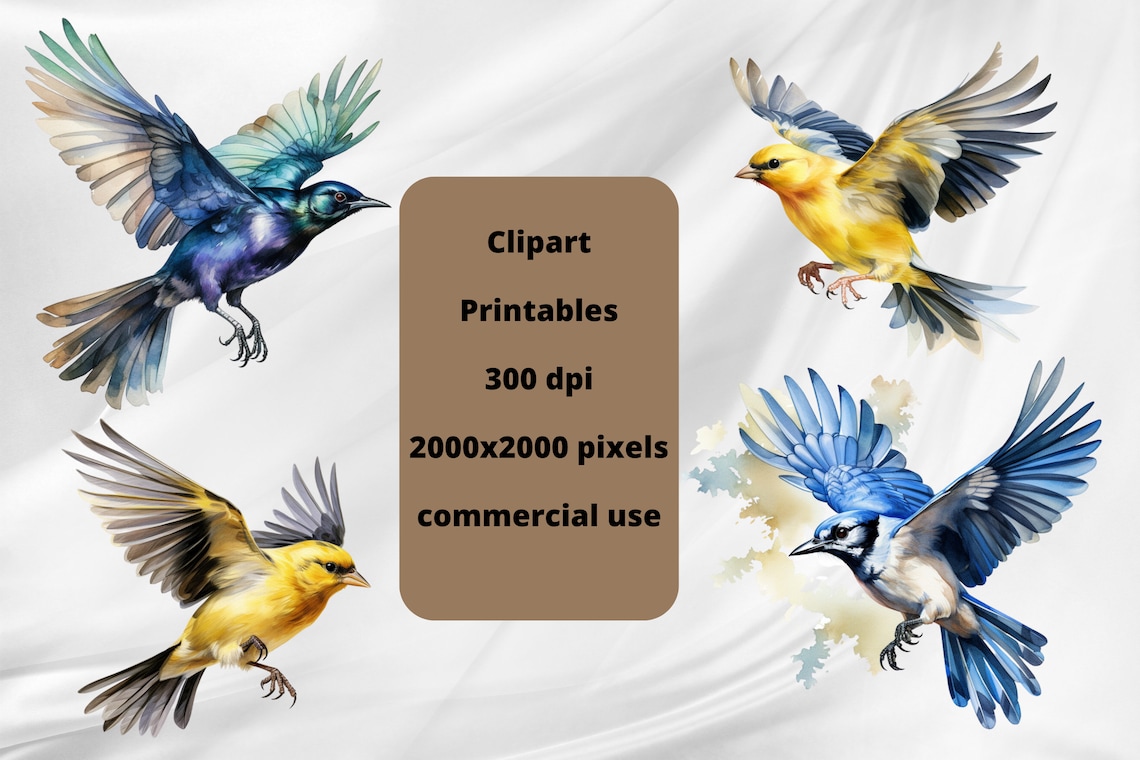 Watercolor Flying Birds Clip Art, Pretty Bird Printable, Goldfinch ...