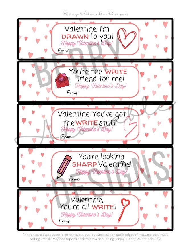 PRINTABLE Valentines Pencil Cards! Just Add a Writing Utensil. Digital ...