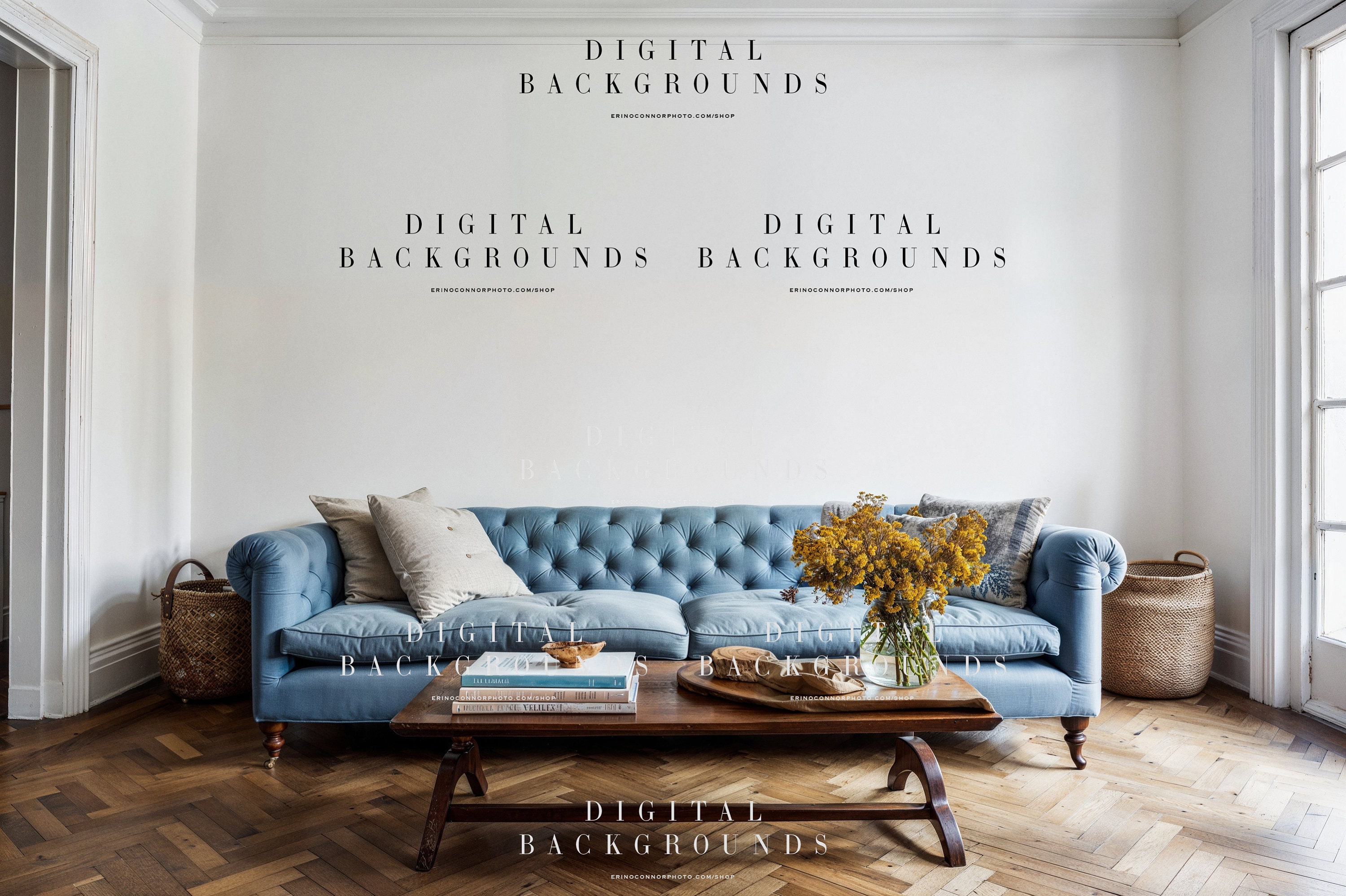 Digital Room Backgrounds Simple White Wall Blue Couch Living Room ...