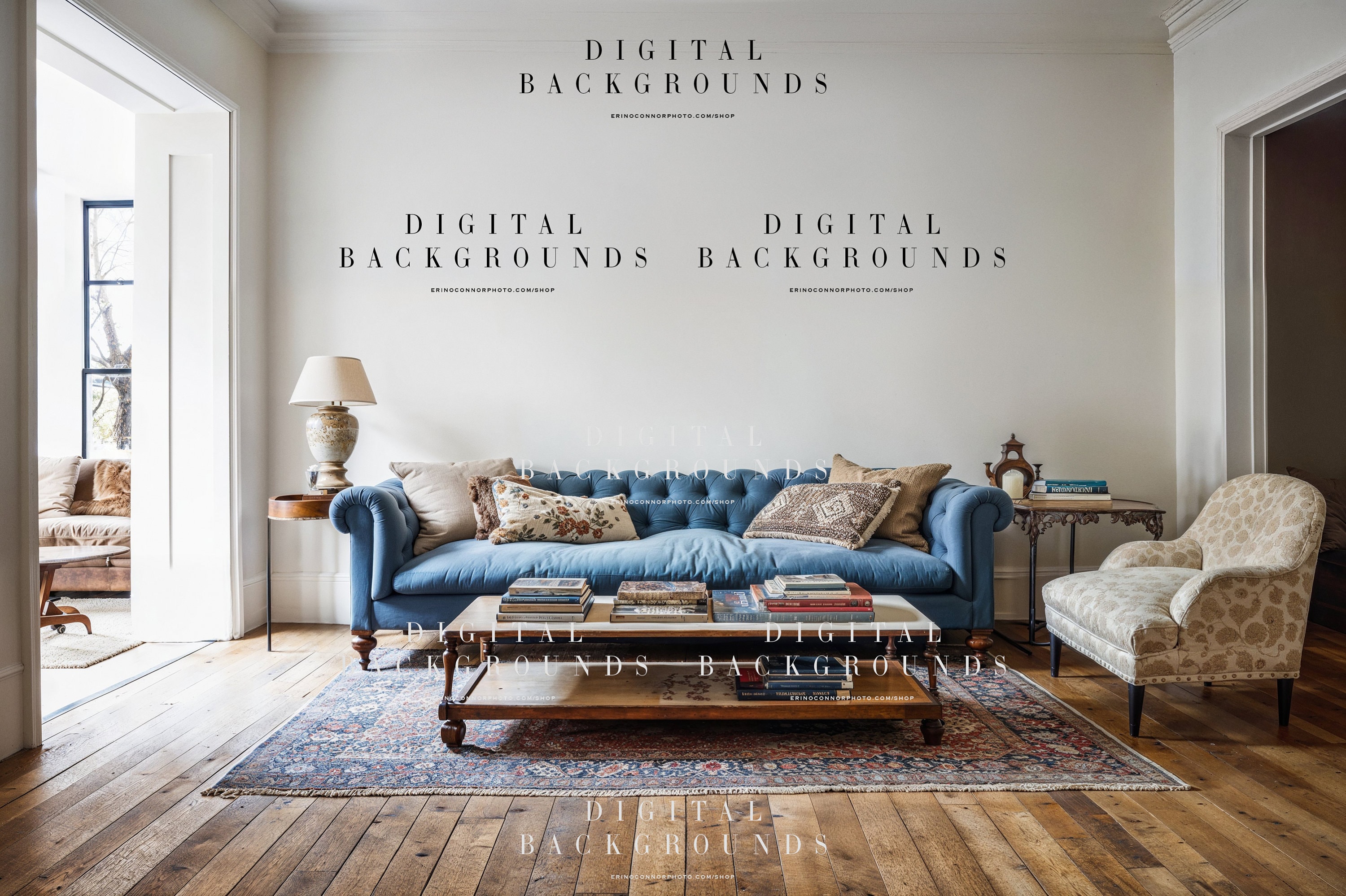 Digital Room Backgrounds | Simple White Wall Blue Couch Living Room ...