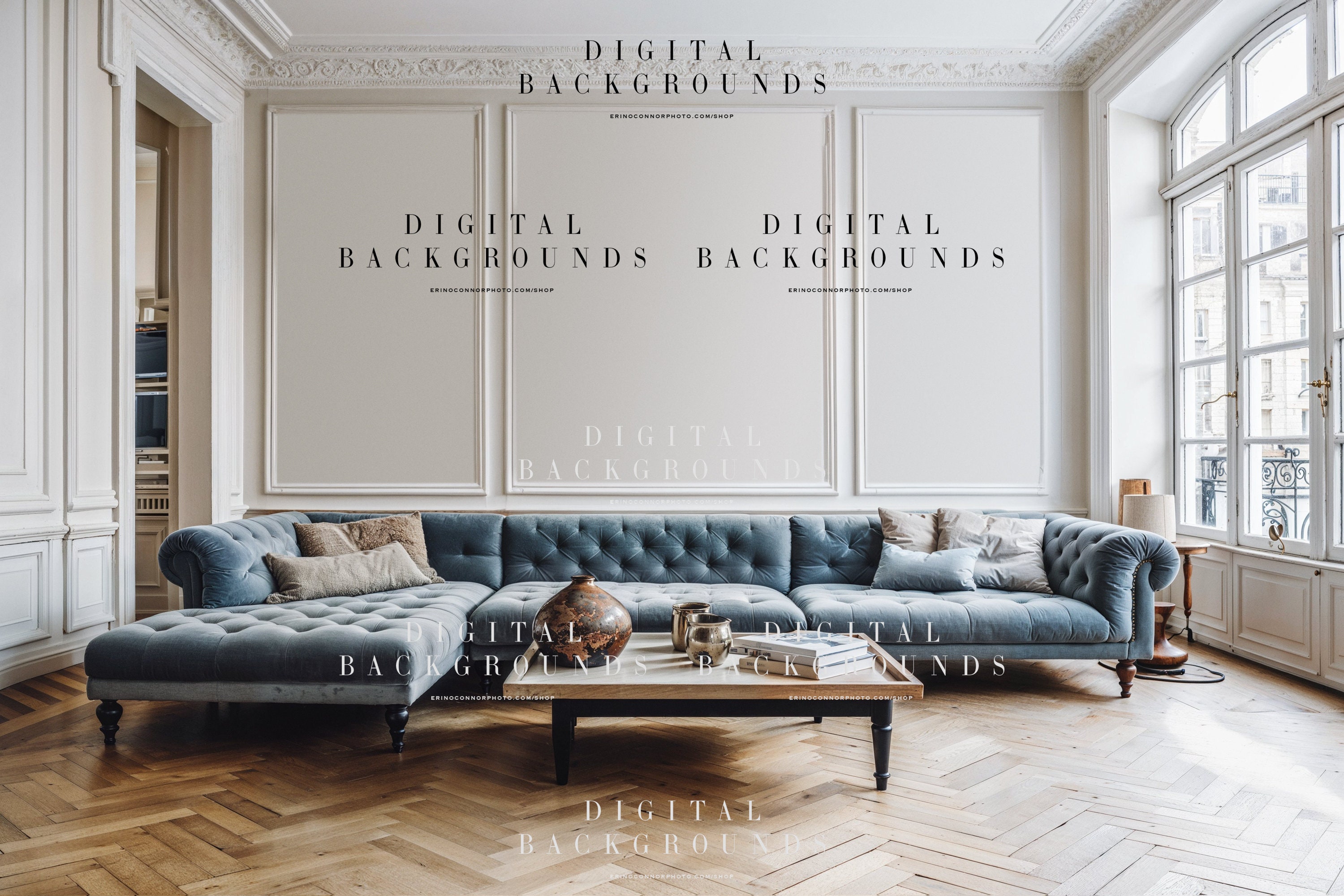 Digital Room Backgrounds | Simple White Wall Blue Couch Living Room ...