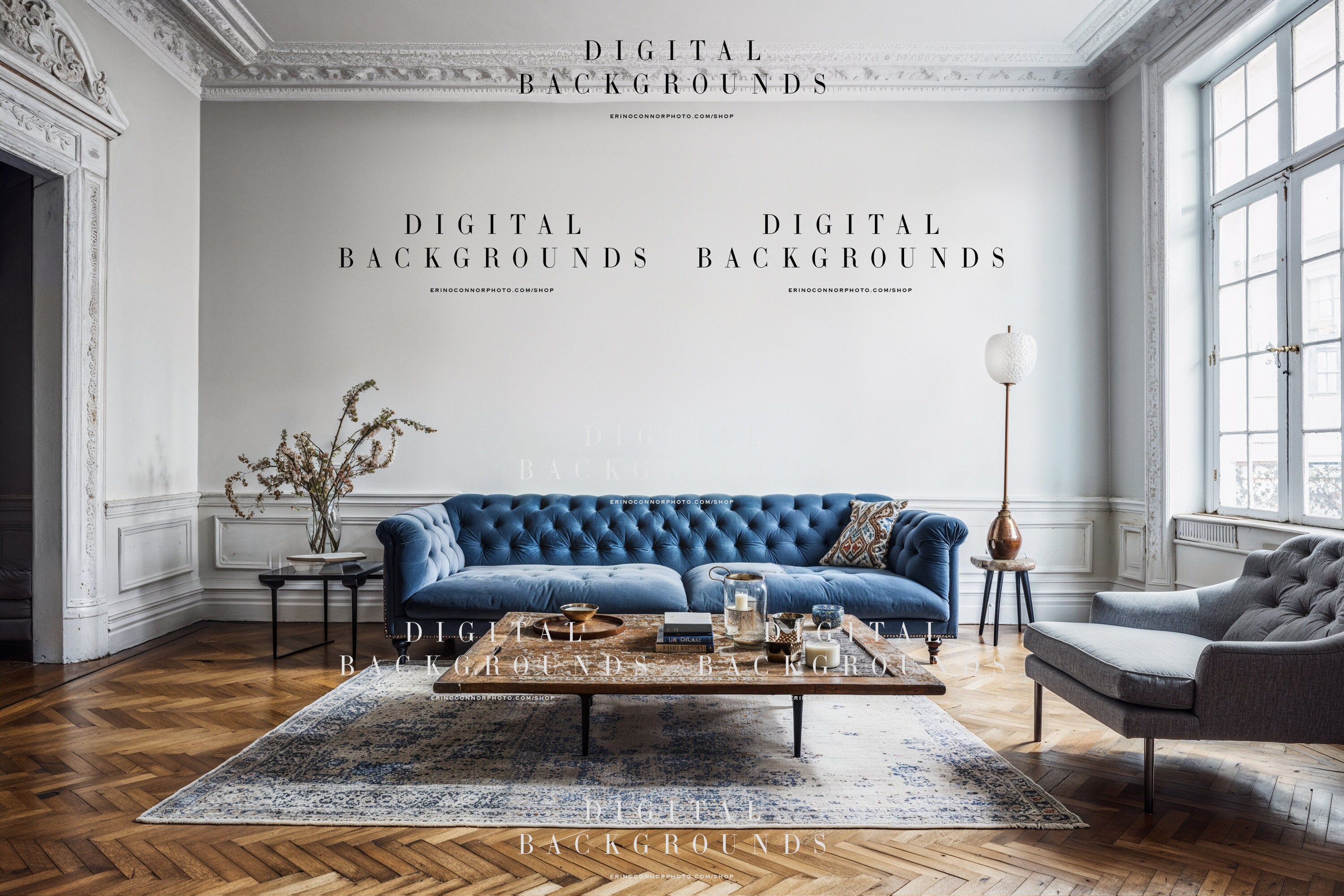 Digital Room Backgrounds Simple White Wall Blue Couch Living Room ...