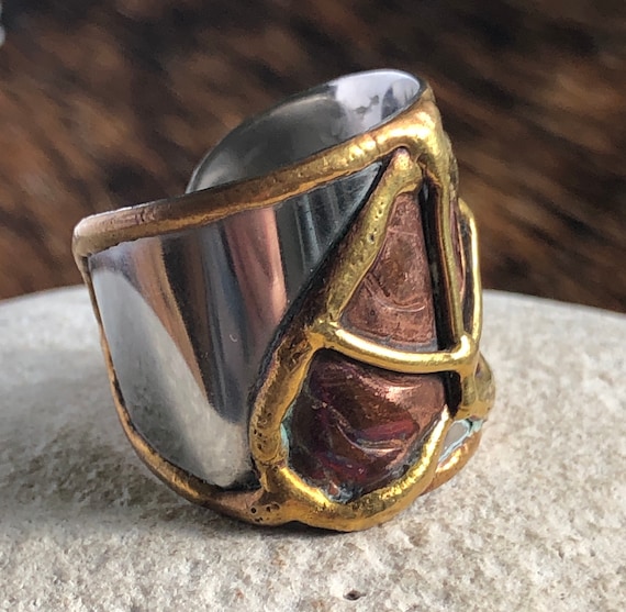 1980s-Bronze and Copper Artisan Crafted Leaf Ring Adj… - Gem