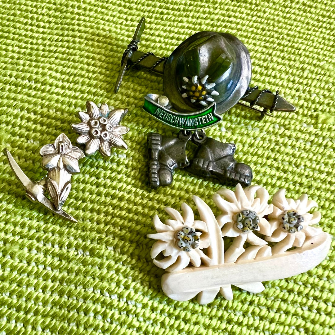 German Edelweiss Collection, Three Tyrolean Hat Pins celluloid, Silver ...