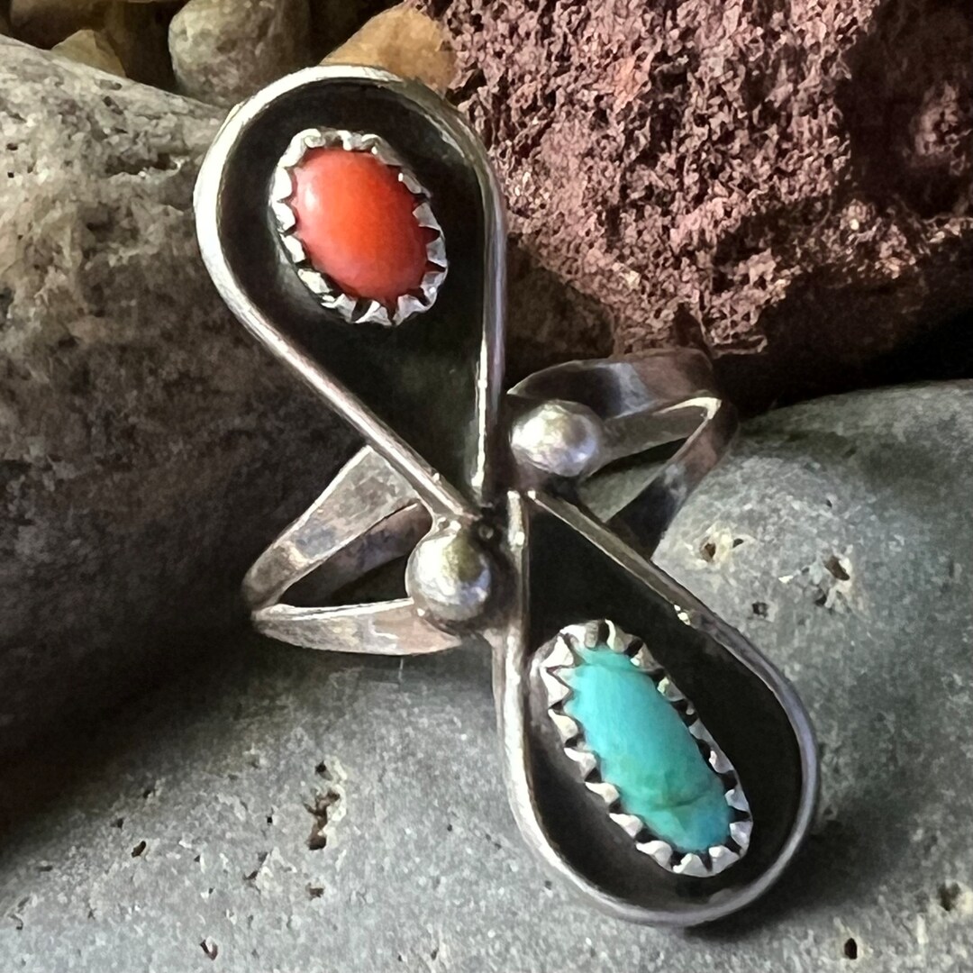 Zuni Ring-mother Earth and Father Sky (1970s, Sterling Silver, Natural ...