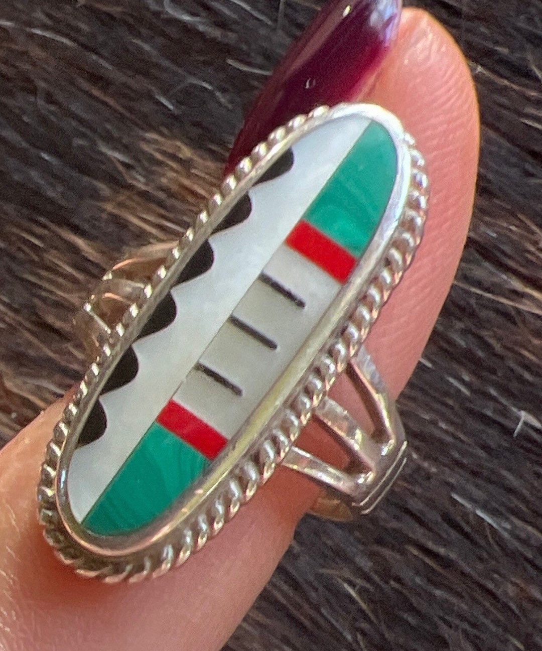 Authentic Zuni Gemstone Inlay Ring- Sterling Silver- 1980s ( Size 7 ...