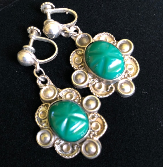 1950s-Mexican Aztec Warrior Earrings- Sterling 1.75” - Gem