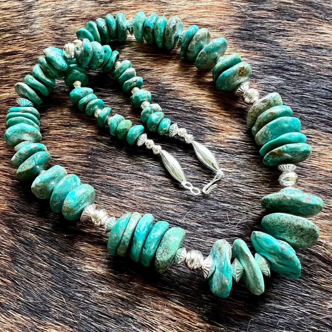 Vintage Kingman Turquoise Disk Beads & Sterling Silver Navajo Bench ...