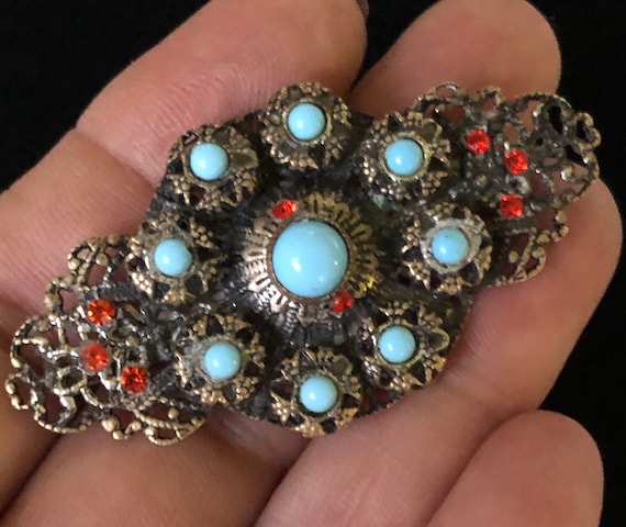 Antique Czechoslovakian Filigree And Glass Persian Turq… Gem