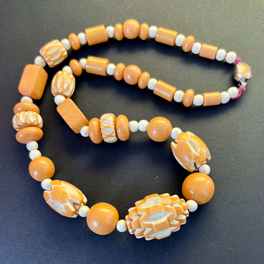 Art Deco Machine Age Carved Celluloid Bead Necklace (1930s, Clasp, 17 ...