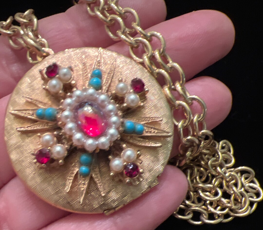 1950s Swanky: Brushed Gold Locket With Beautiful Rhinestones and Pearls ...