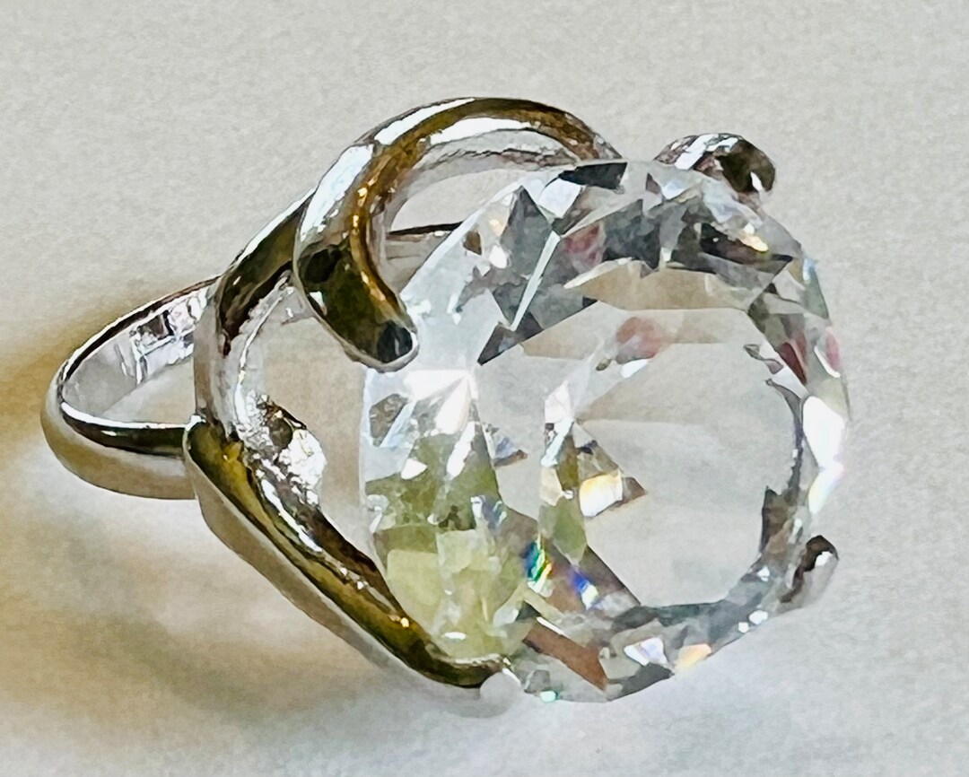Sterling Silver, Enormous Brilliant Diamond Cut Glass Ring Positively ...