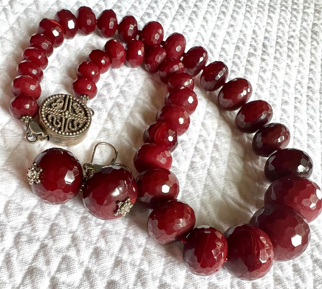 Opaque Ruby Necklace and Earrings- Sterling Silver Clasp (1990s ...