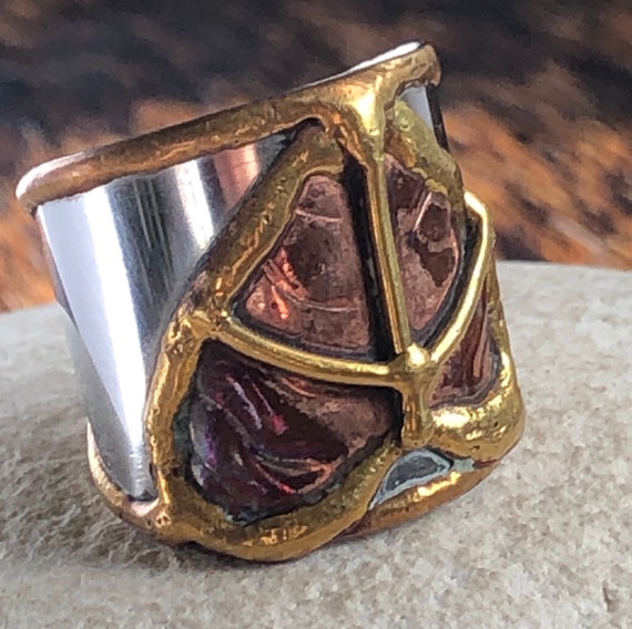 1980s-Bronze and Copper Artisan Crafted Leaf Ring Adj… - Gem