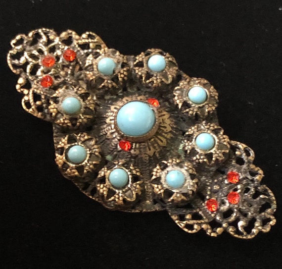 Antique Czechoslovakian Filigree And Glass Persian Turq… Gem